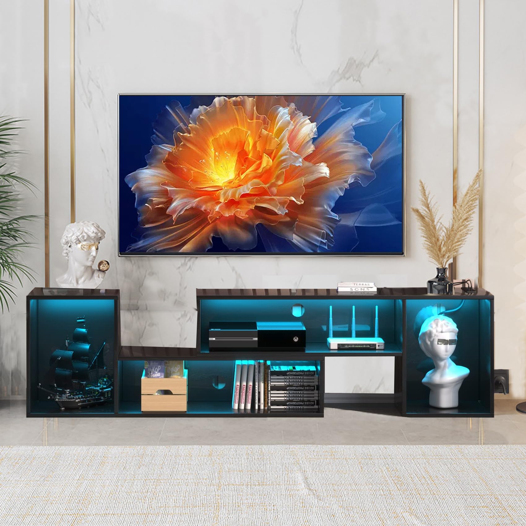 TV Stand, Deformable TV Stand with LED Strip & Power Outlets Free-Combination Entertainment Center for 50 55 60 65 Inch TV,Console TV Stand Modern TV Table Media Stand, DIY Open Storage Bookcase Shelf