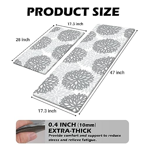 Gray Cushioned Anti Fatigue Kitchen Rugs Set of 2, Waterproof Non Slip, PVC Leather Memory Foam, 17.3''x 28''+17.3'' x 47''