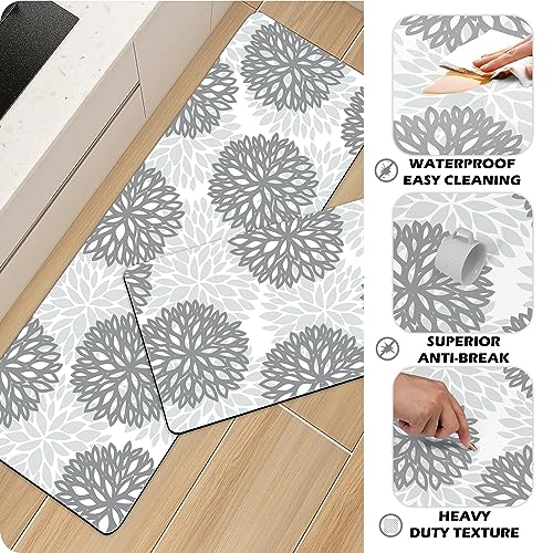 Gray Cushioned Anti Fatigue Kitchen Rugs Set of 2, Waterproof Non Slip, PVC Leather Memory Foam, 17.3''x 28''+17.3'' x 47''