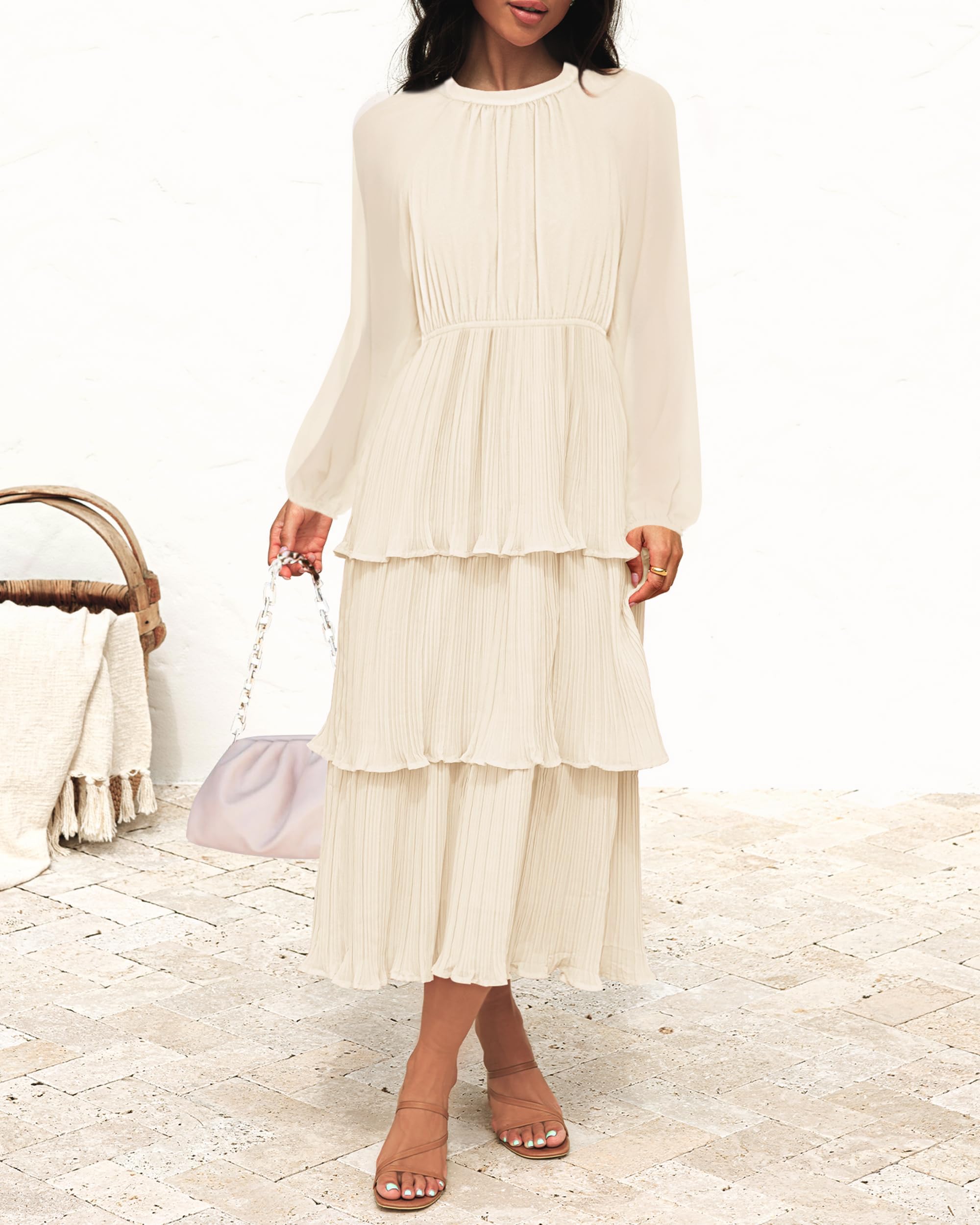 ZESICA Women's 2025 Long Sleeve Crew Neck Ruffle Tiered Layered Chiffon Flowy Swing 2025 Long Midi Dress,Apricot,Large