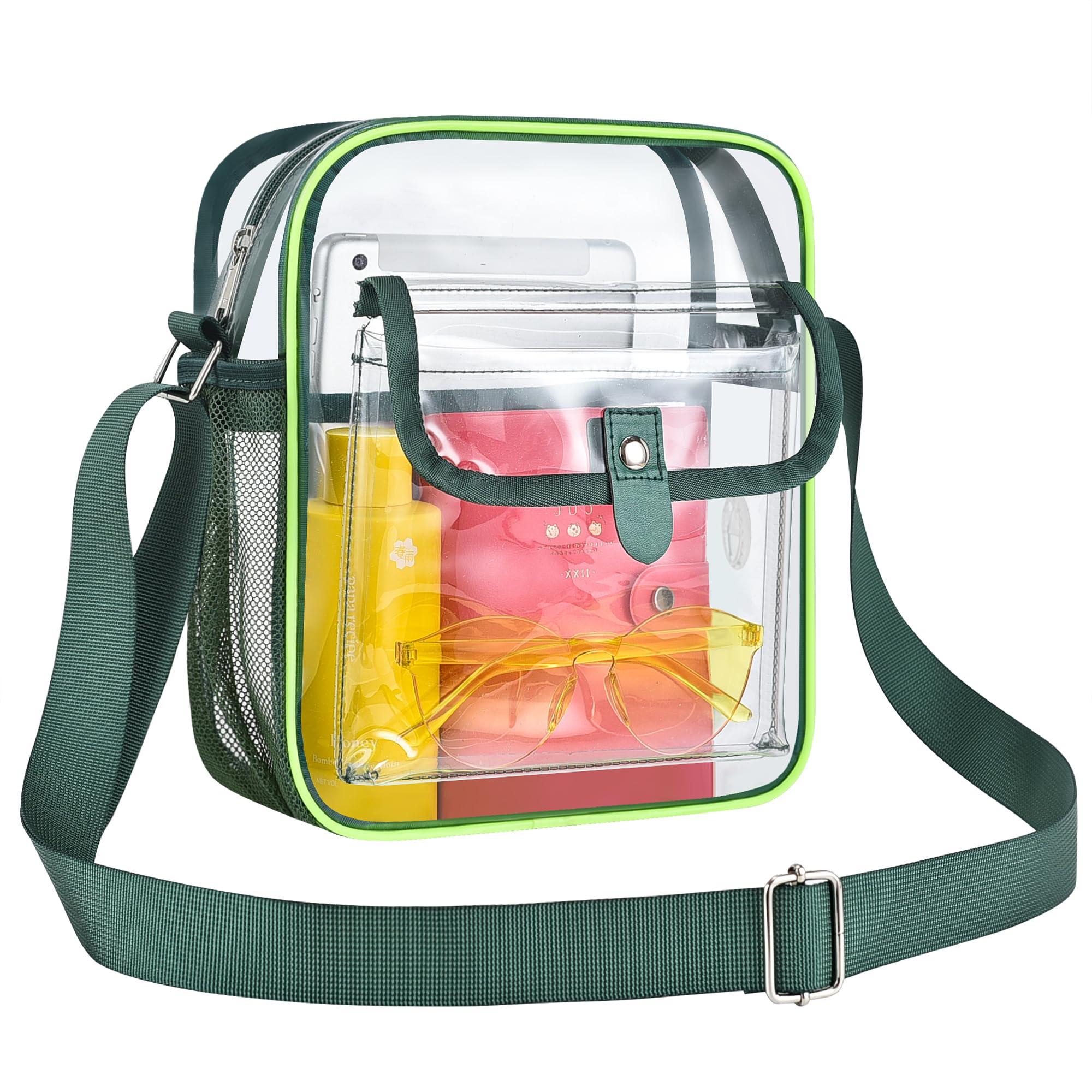 SPODEARS Clear Stadium Tote Bag for Concerts - 10.5"x8.5" Crossbody Purse with Bottle Holder & Adjustable Shoulder Strap, Green