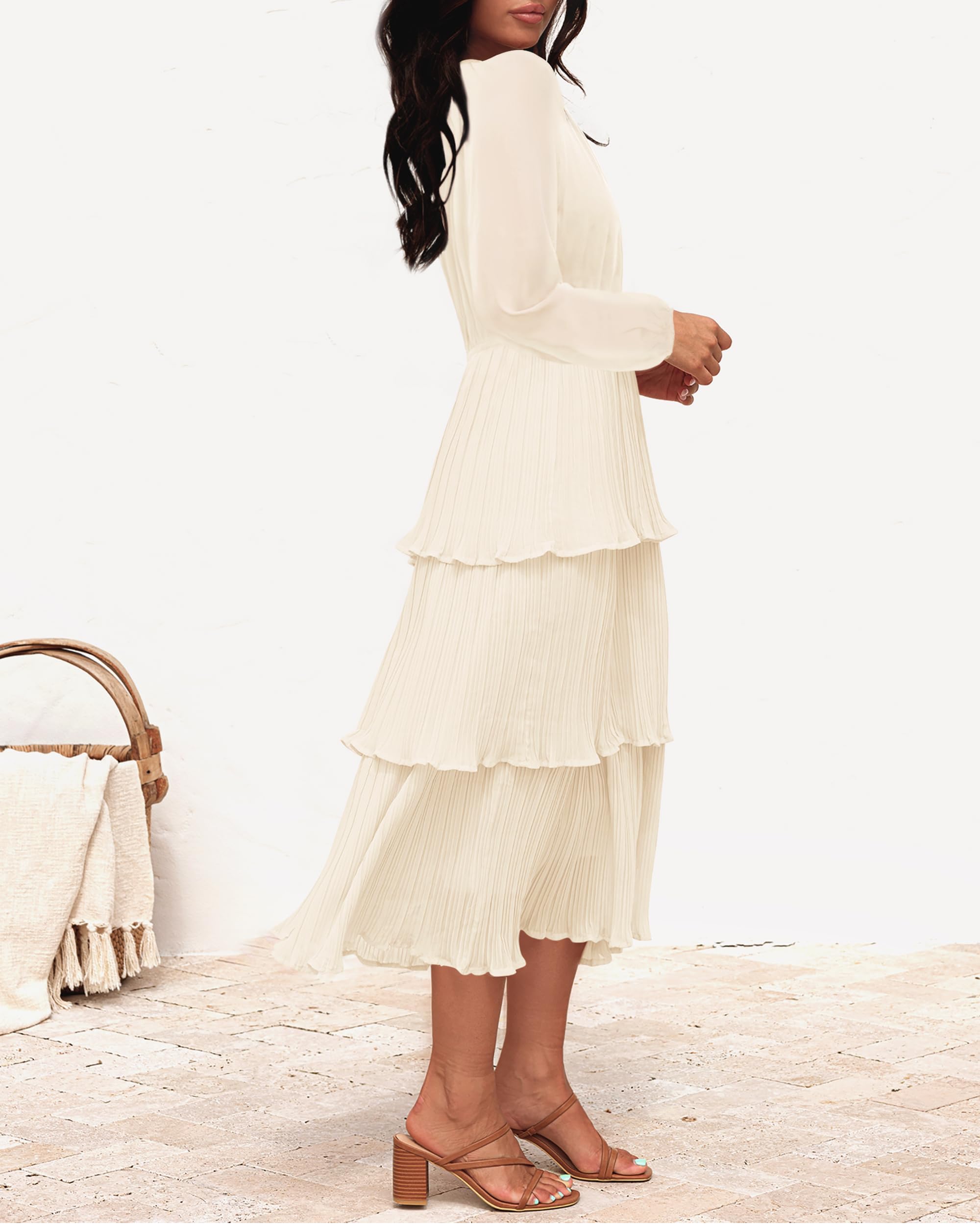 ZESICA Women's 2025 Long Sleeve Crew Neck Ruffle Tiered Layered Chiffon Flowy Swing 2025 Long Midi Dress,Apricot,Large