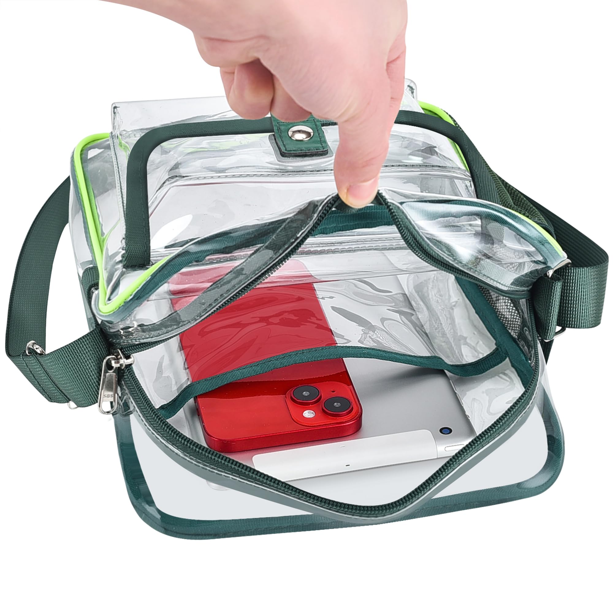 SPODEARS Clear Stadium Tote Bag for Concerts - 10.5"x8.5" Crossbody Purse with Bottle Holder & Adjustable Shoulder Strap, Green