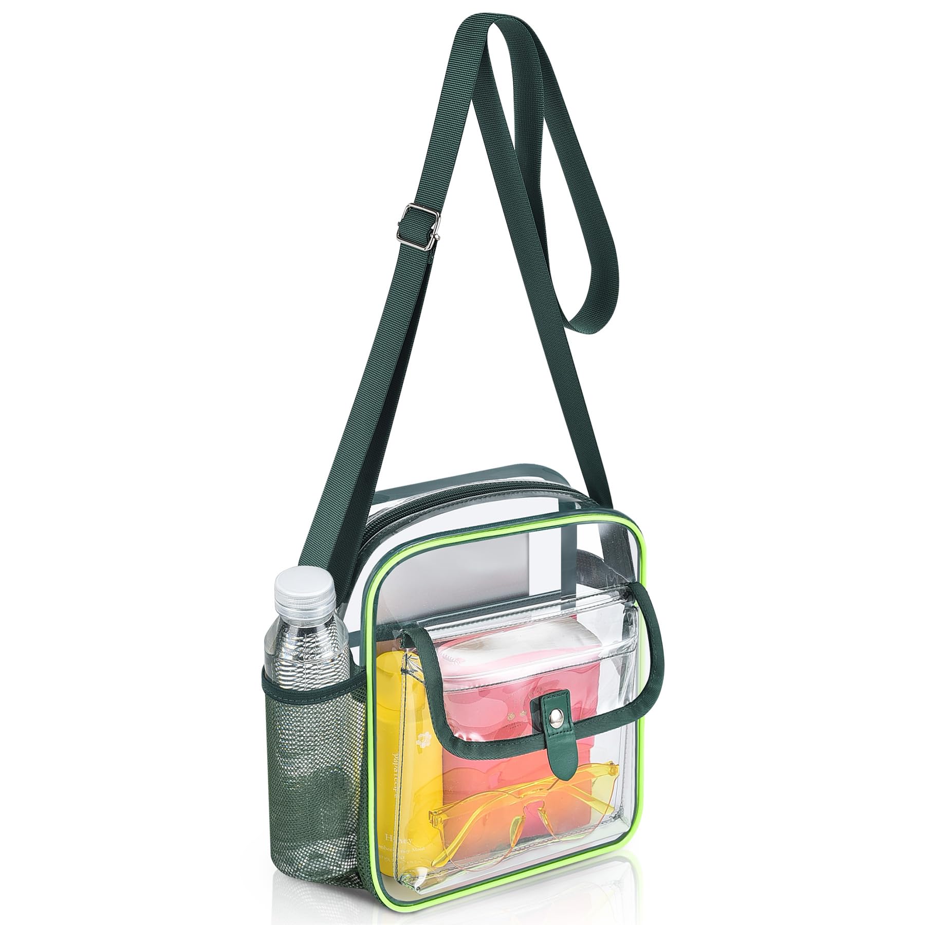 SPODEARS Clear Stadium Tote Bag for Concerts - 10.5"x8.5" Crossbody Purse with Bottle Holder & Adjustable Shoulder Strap, Green