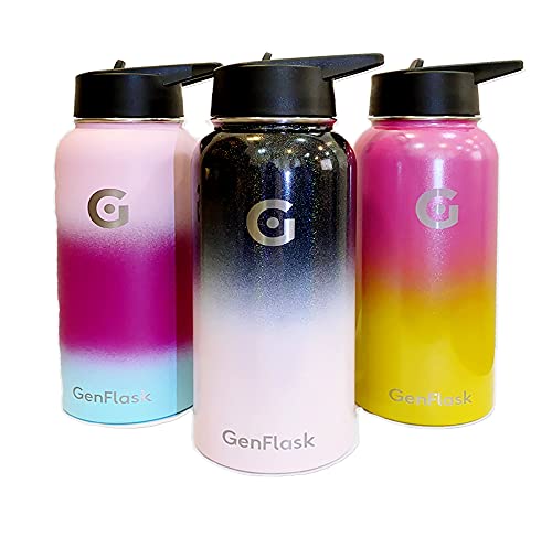 GenFlask 32oz insulated vacuum Stainless Steel ombre water bottle - Wide mouth straw lid leakproof tumbler (Black-Baby-Pink)