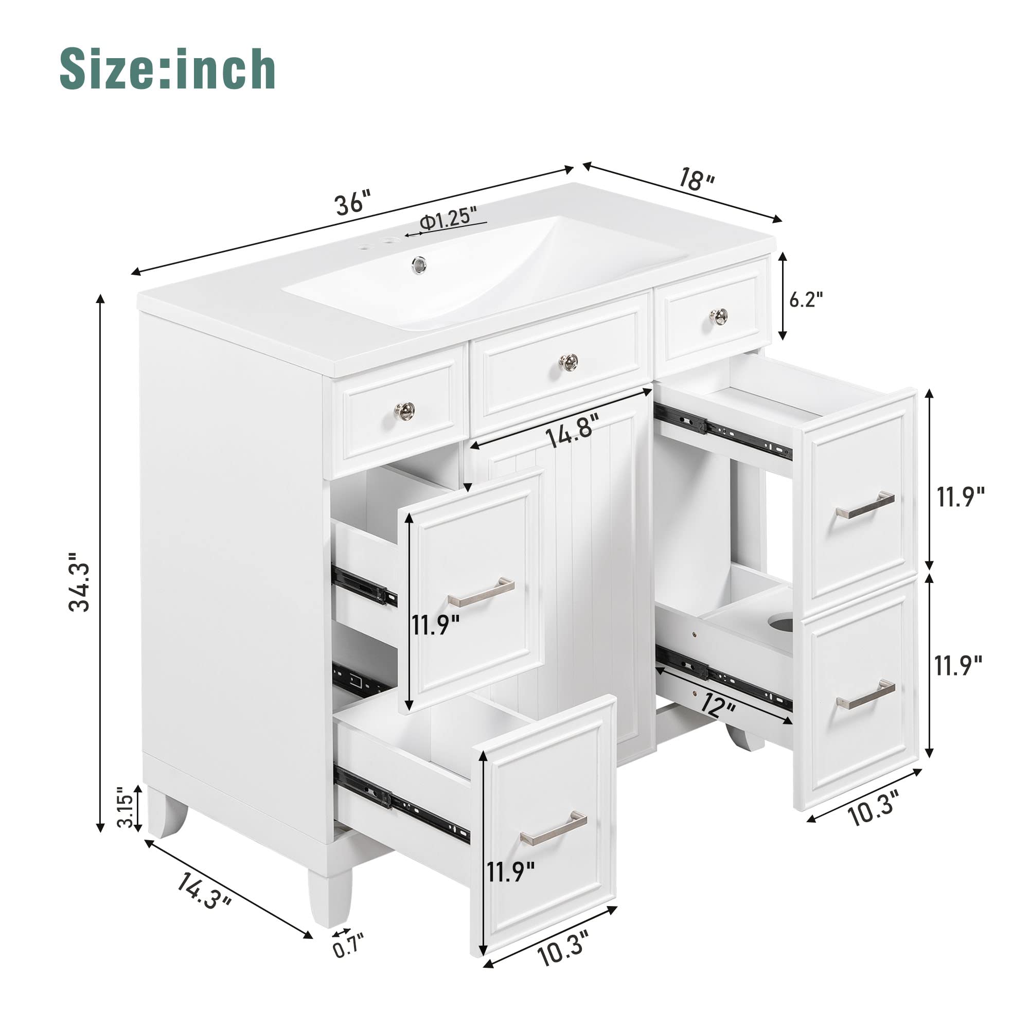 Merax 36" Bathroom Vanity with Soft Closing Door, Combo Stand Storage Cabinet Set and Square Resin Sink Top, White