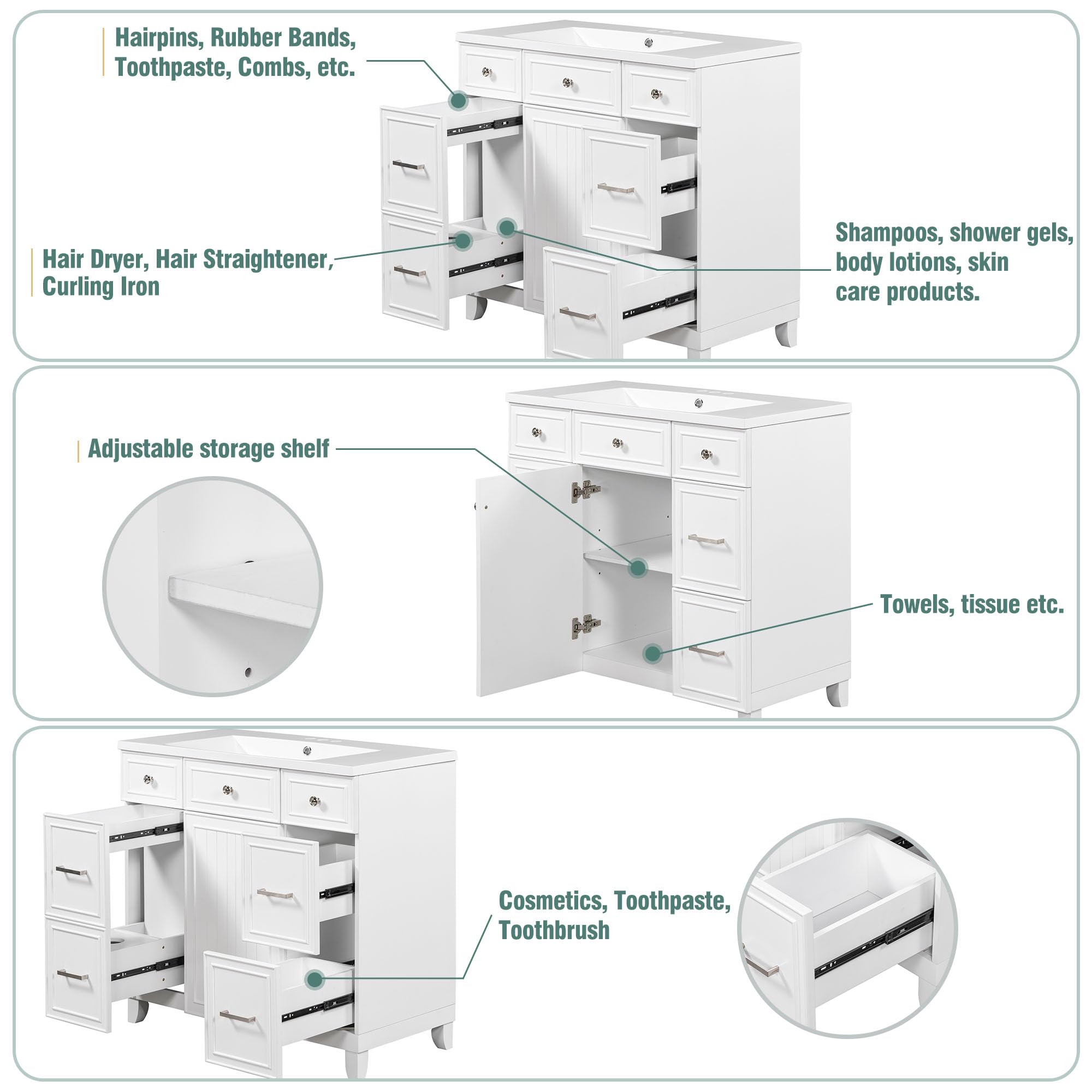 Merax 36" Bathroom Vanity with Soft Closing Door, Combo Stand Storage Cabinet Set and Square Resin Sink Top, White