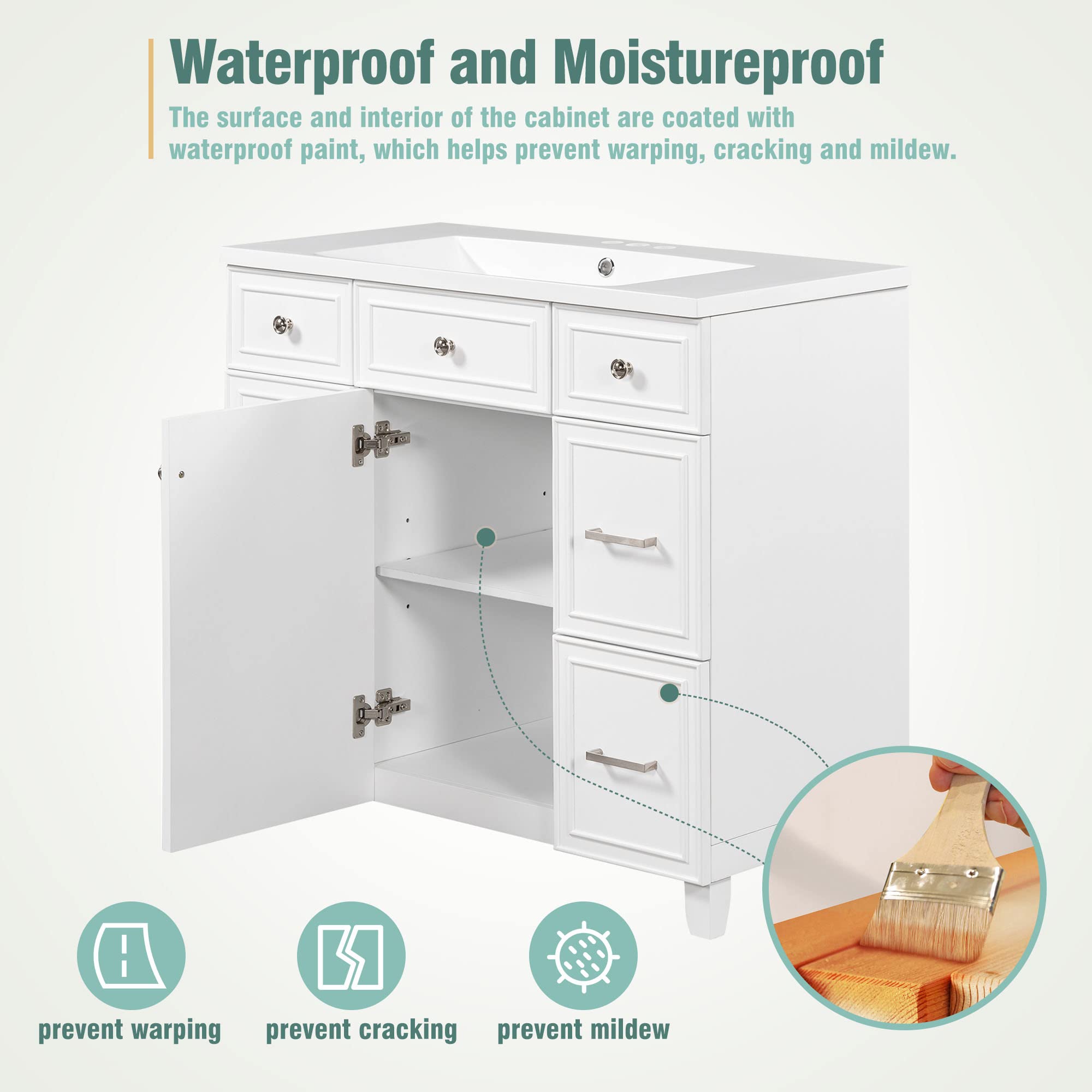 Merax 36" Bathroom Vanity with Soft Closing Door, Combo Stand Storage Cabinet Set and Square Resin Sink Top, White