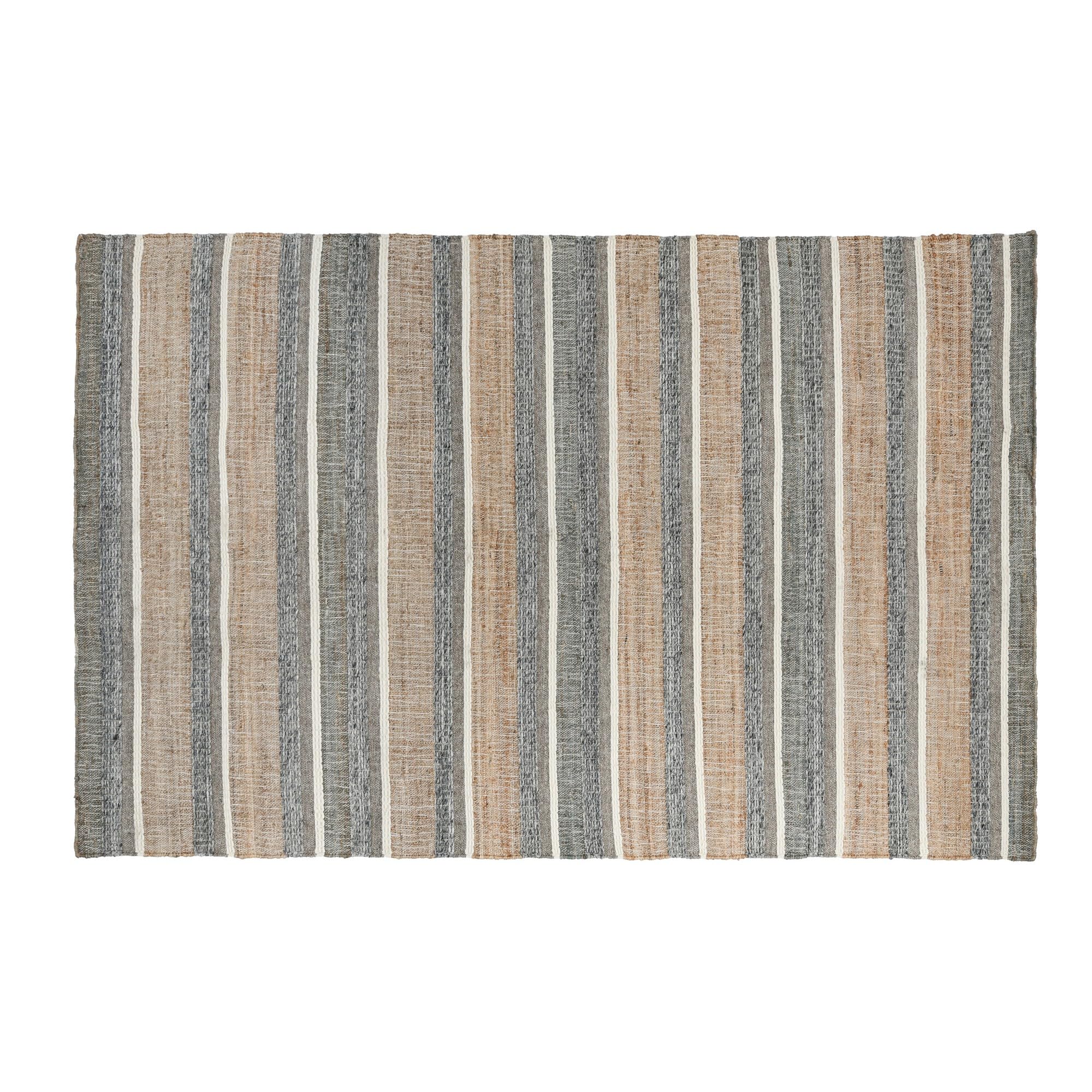 Benjara Luna 8 x 10 Area Rug, Handwoven Wool Stripes, Natural Jute Cotton, Brown and Gray