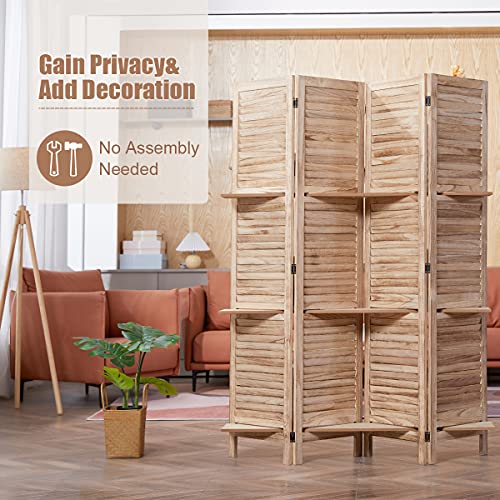 Vicluke 4 Panels Room Divider with 3 Removable Storage Shelves, 5.6 FT Folding Privacy Screen, Wood Portable Wall Divider for Home, Office, Restaurant(Natural)