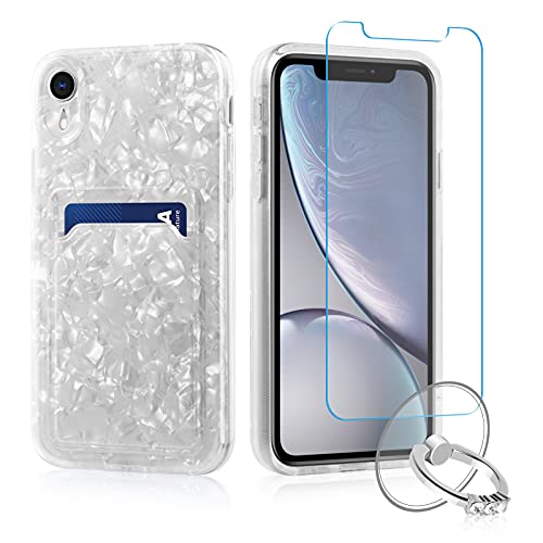 ZIYE Designed for iPhone XR Case with Card Holder for Women Girls Shell Pattern TPU Protective Phone Bumper ID Card Wallet Pocket with Screen Protector Ring Holder White