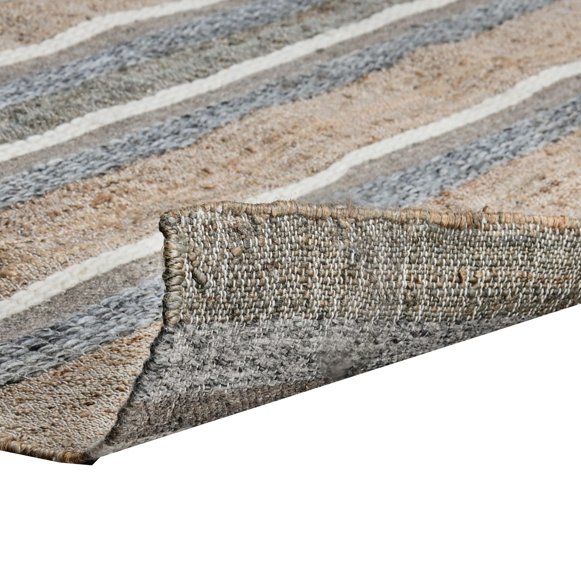 Benjara Luna 8 x 10 Area Rug, Handwoven Wool Stripes, Natural Jute Cotton, Brown and Gray