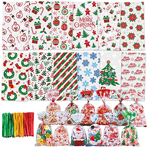 Colorbib 216pcs Christmas Candy Treat Bags Cellophane Bags with 220pcs Twist Ties, Snowflakes and Gingerbread Man 12 Assorted Pattern Snack Goodie Bags for Treat Candy Party Supplies