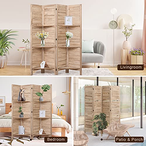 Vicluke 4 Panels Room Divider with 3 Removable Storage Shelves, 5.6 FT Folding Privacy Screen, Wood Portable Wall Divider for Home, Office, Restaurant(Natural)