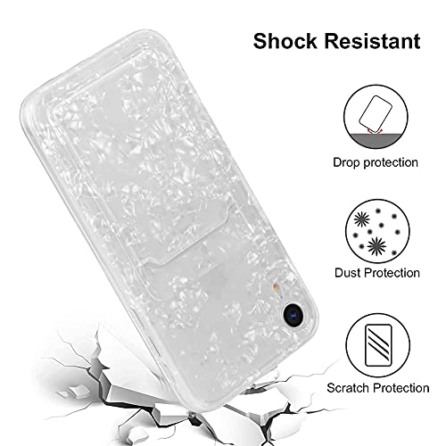 ZIYE Designed for iPhone XR Case with Card Holder for Women Girls Shell Pattern TPU Protective Phone Bumper ID Card Wallet Pocket with Screen Protector Ring Holder White