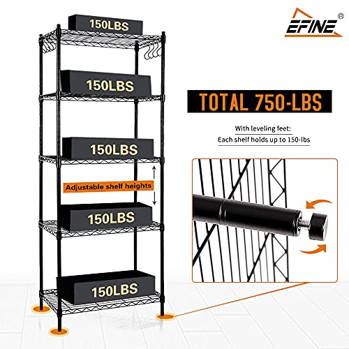 EFINE 2-Pack 5-Shelf Shelving Unit Rack with 8-Hook and 5-Shelf Liners, NSF Certified, Adjustable, 150lbs Loading Capacity Per Shelf, Shelving Rack for Kitchen and Garage (23.6W x 14D x 59H)