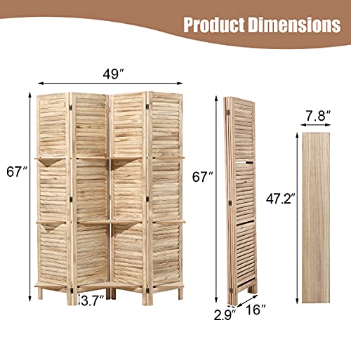 Vicluke 4 Panels Room Divider with 3 Removable Storage Shelves, 5.6 FT Folding Privacy Screen, Wood Portable Wall Divider for Home, Office, Restaurant(Natural)