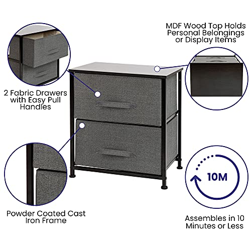 Flash Furniture 2 Drawer Storage Organizer - Black Cast Iron Frame and Wood Top - 2 Easy Pull Dark Gray Fabric Drawers