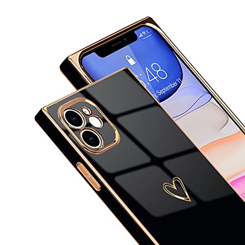 Pepmune Compatible with iPhone 11 Case, Women Cute Luxury Heart Design Shockproof Soft Bumper Girls Square Bling Silicone Camera Lens Protective Cover for Apple iPhone 11 Phone Cases Black 6.1 inch