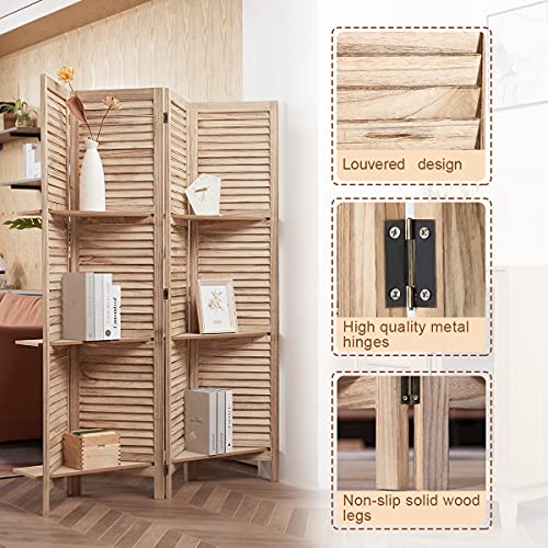 Vicluke 4 Panels Room Divider with 3 Removable Storage Shelves, 5.6 FT Folding Privacy Screen, Wood Portable Wall Divider for Home, Office, Restaurant(Natural)