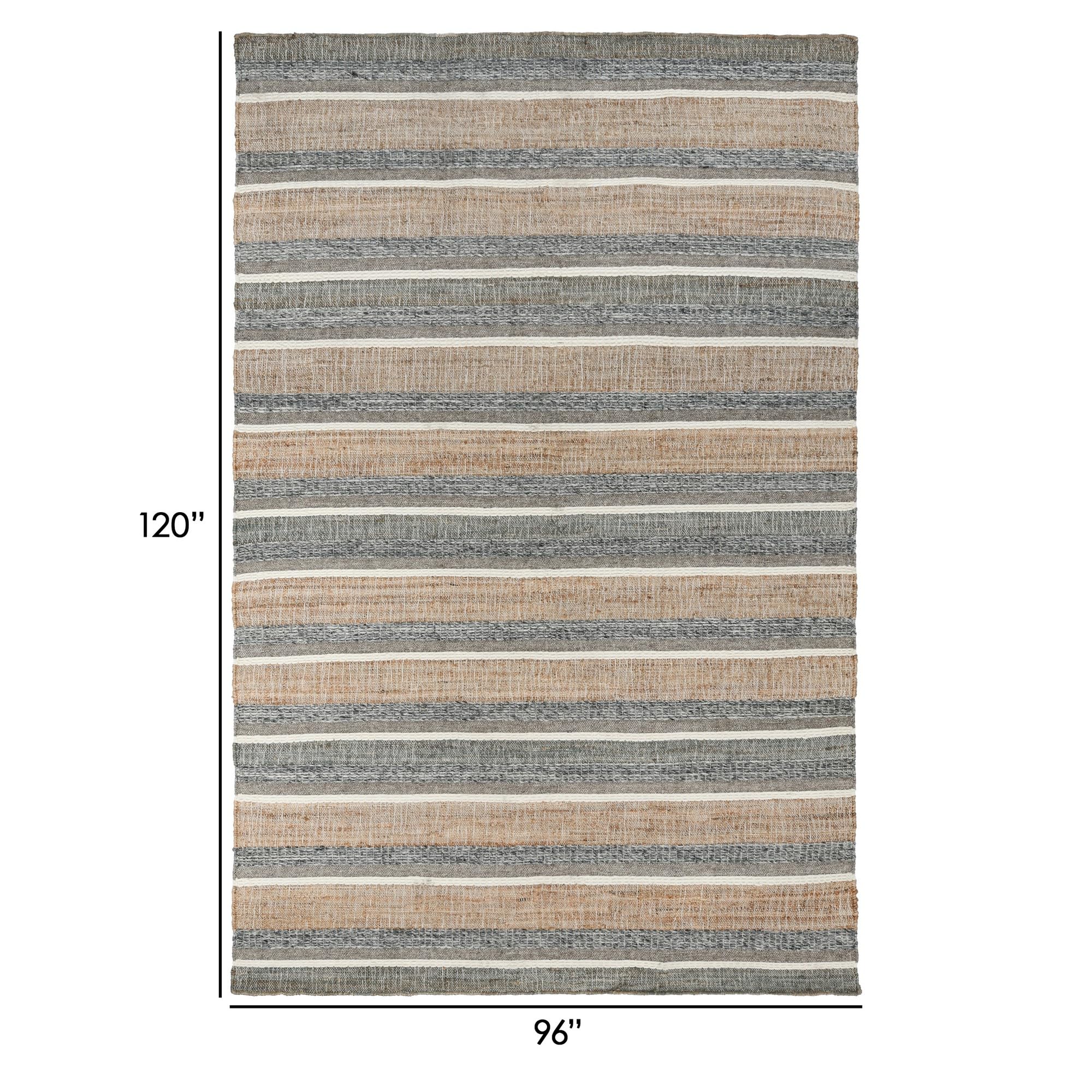 Benjara Luna 8 x 10 Area Rug, Handwoven Wool Stripes, Natural Jute Cotton, Brown and Gray