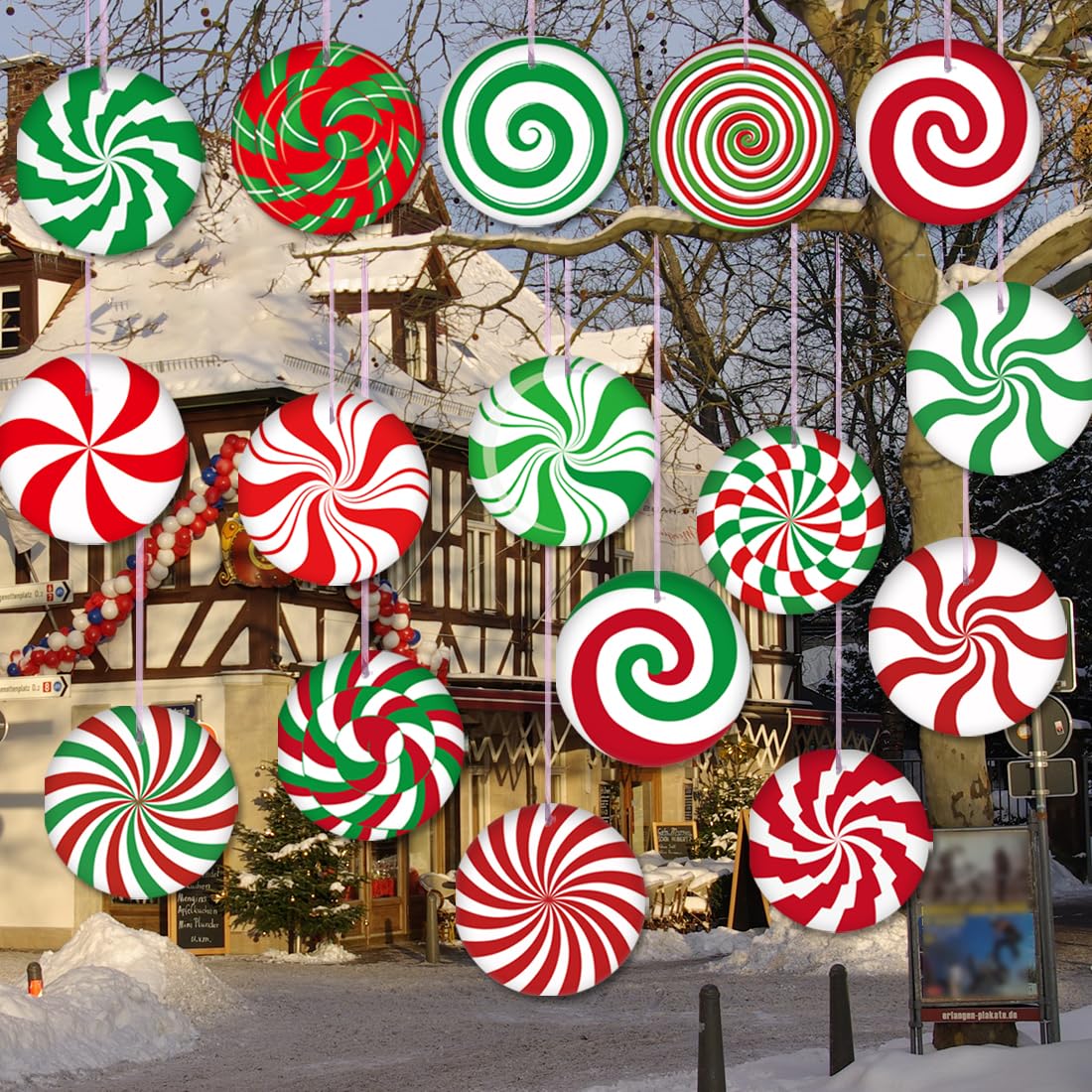 Flyowl 16 PCS Candy Christmas Outdoor Decorations Christmas Tree Hanging Ornaments Peppermint Lollipop Candy Yard Signs Tree Porch Yard Xmas Decor