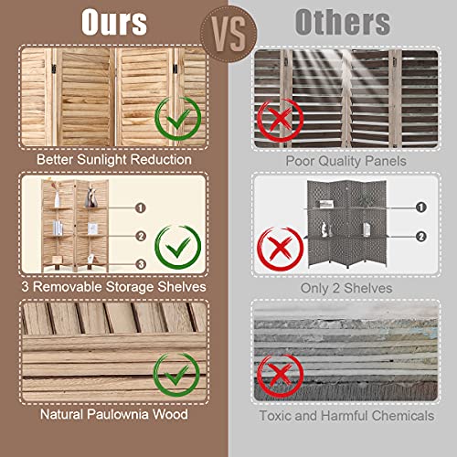 Vicluke 4 Panels Room Divider with 3 Removable Storage Shelves, 5.6 FT Folding Privacy Screen, Wood Portable Wall Divider for Home, Office, Restaurant(Natural)