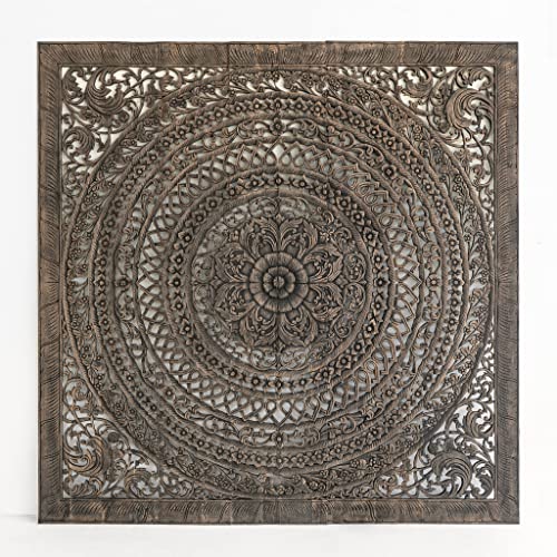Moroccan King Wood Carved Headboard, Reclaimed Wall Art Hanging in Teak, Wooden Panels Handcrafted from Thailand, Rustic Black Finish, 80 inches