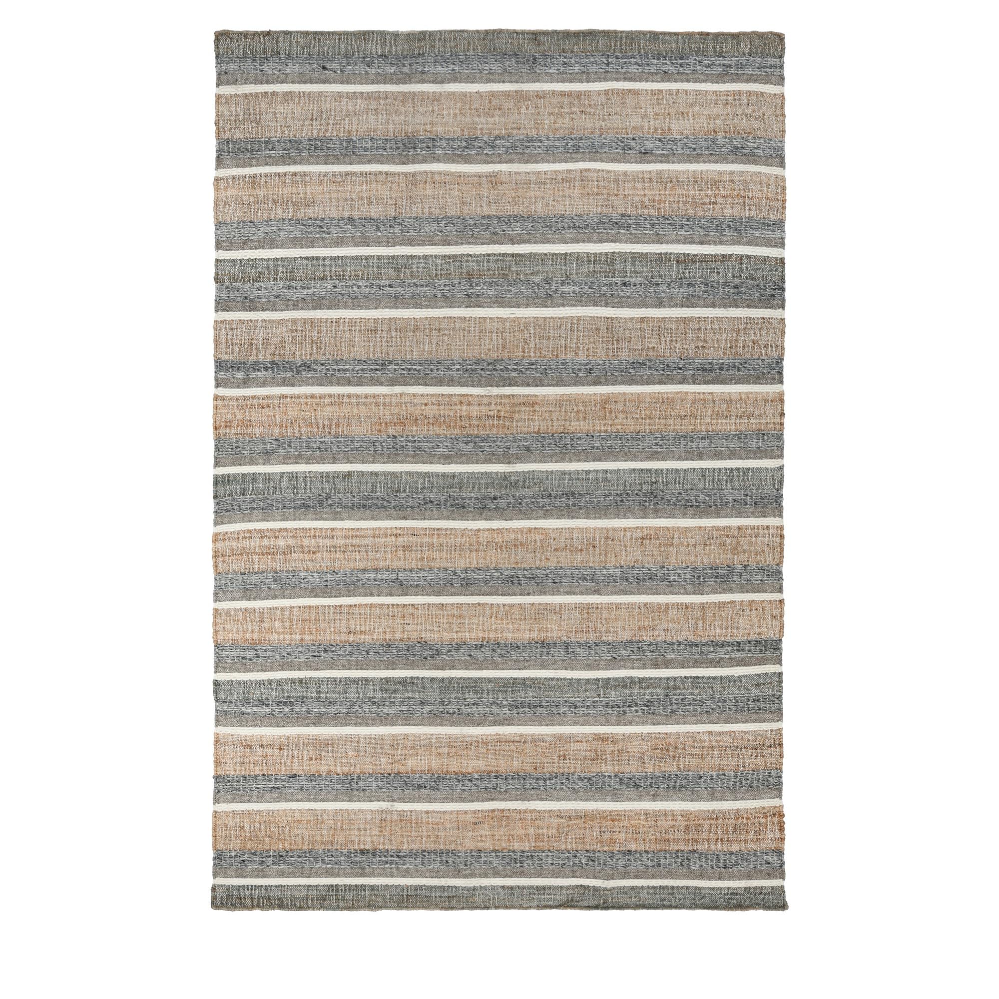 Benjara Luna 8 x 10 Area Rug, Handwoven Wool Stripes, Natural Jute Cotton, Brown and Gray