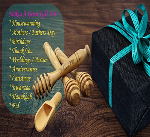 Olive Wood Honey Dipper Stick - Set of 3 (5β/7β/9β) & 1 Wooden Spoon, Use Honey Sticks for Tea & as Honey Server, Honey Dripper, Honey Spoon, Honey Drizzler, Honey Stirrers for Tea