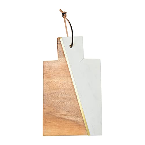 Boho 2-Tone Marble and Acacia Wood Charcuterie or Cutting Board with Brass Inlay and Leather Tie, White and Natural
