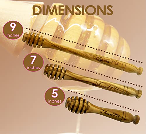 Olive Wood Honey Dipper Stick - Set of 3 (5β/7β/9β) & 1 Wooden Spoon, Use Honey Sticks for Tea & as Honey Server, Honey Dripper, Honey Spoon, Honey Drizzler, Honey Stirrers for Tea