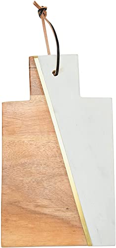 Boho 2-Tone Marble and Acacia Wood Charcuterie or Cutting Board with Brass Inlay and Leather Tie, White and Natural
