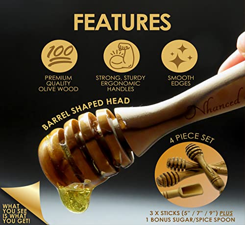 Olive Wood Honey Dipper Stick - Set of 3 (5β/7β/9β) & 1 Wooden Spoon, Use Honey Sticks for Tea & as Honey Server, Honey Dripper, Honey Spoon, Honey Drizzler, Honey Stirrers for Tea