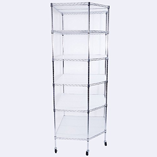 6 Tiers Free Standing Corner Shelf with Wheels, Metal Storage Wire Shelving Unit Corner Storage Rack Display for Restaurant,Living Room, Bathroom, Pantry,Kitchen 26.77" x 26.77" x 70.87" (Silver)
