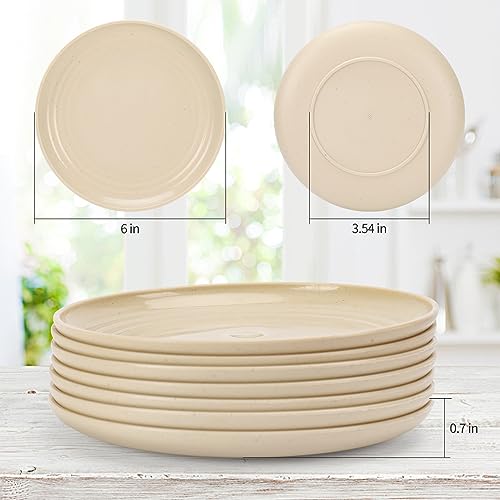ZongXing Wheat Straw Plates, 14 Pack 6 inch Plastic Plates Reusable, Lightweight Unbreakable Dinner Plates Set, Healthy Cereal Dishes Dishwasher & Microwave Safe, Beige