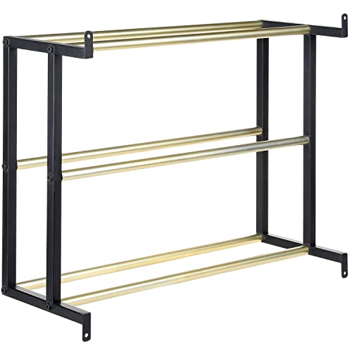 MyGift 3 Tier Wall Mounted Modern Minimalist Black and Brass Tone Metal Shoe Rack, Hanging Shoes Organizer Shelf for Closet, Mudroom, Entryway, Holds 6 Pairs