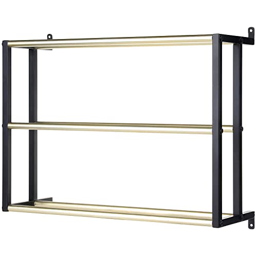 MyGift 3 Tier Wall Mounted Modern Minimalist Black and Brass Tone Metal Shoe Rack, Hanging Shoes Organizer Shelf for Closet, Mudroom, Entryway, Holds 6 Pairs