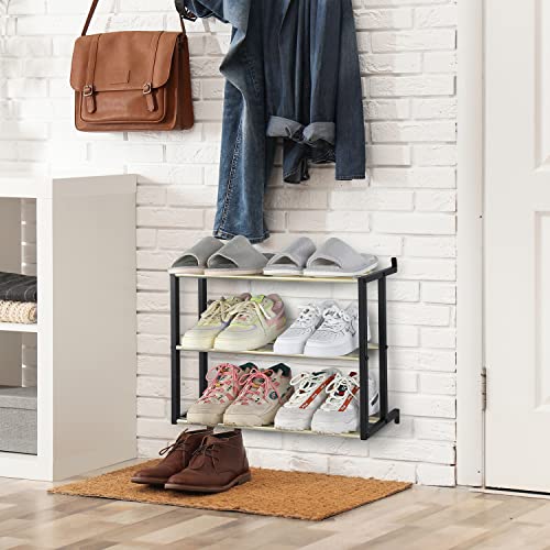 MyGift 3 Tier Wall Mounted Modern Minimalist Black and Brass Tone Metal Shoe Rack, Hanging Shoes Organizer Shelf for Closet, Mudroom, Entryway, Holds 6 Pairs