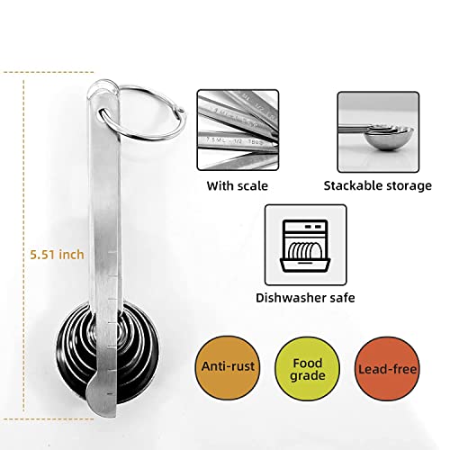 Measuring Spoons Set, Stainless Steel Teaspoon Measuring Spoons for Measuring Dry and Liquid Ingredients, Tablespoon Measure Spoon Set of 6 with Bonus Leveler, Dishwasher Safe
