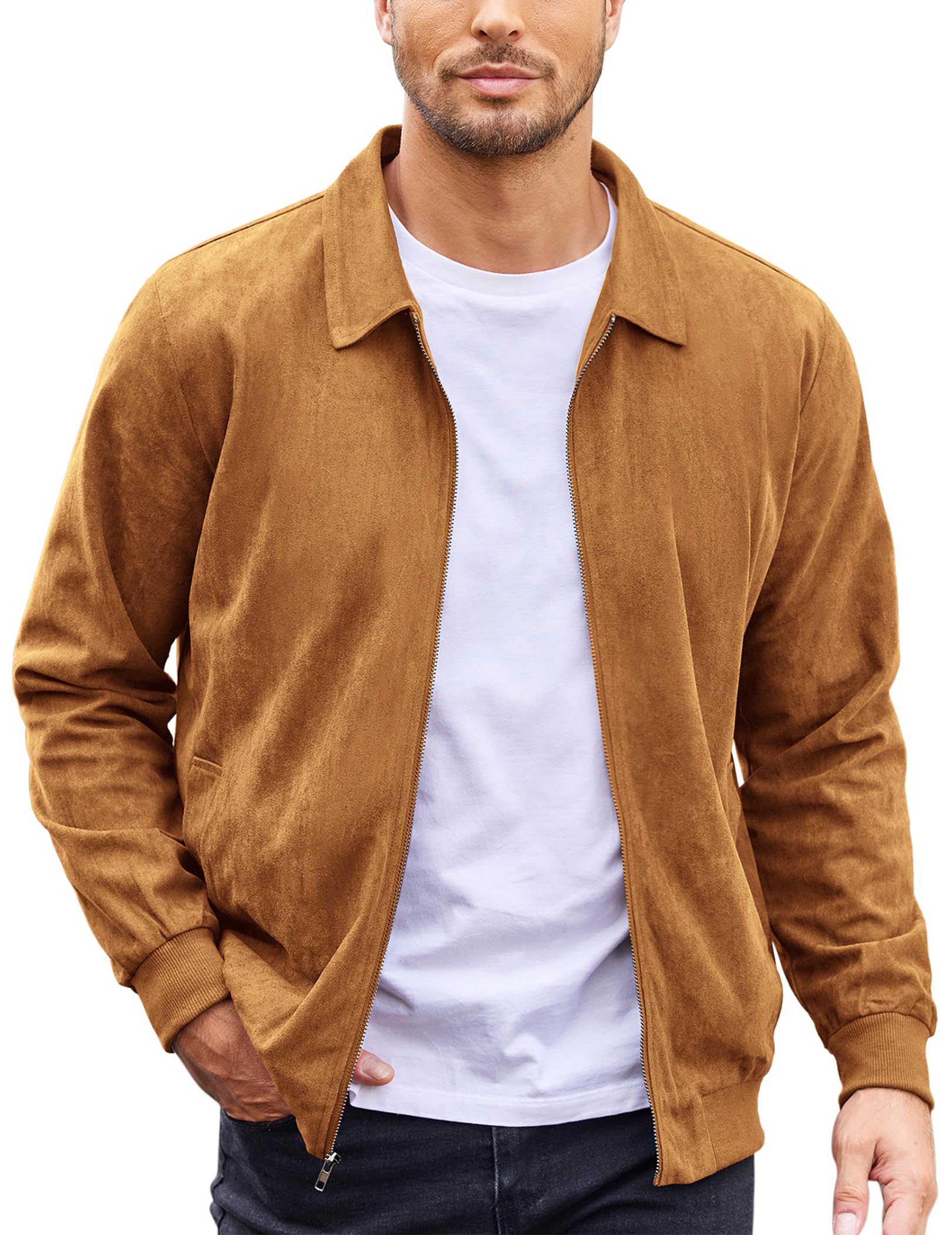 COOFANDY Men's Faux Suede Jacket Lightweight Softshell Flight Bomber Jacket