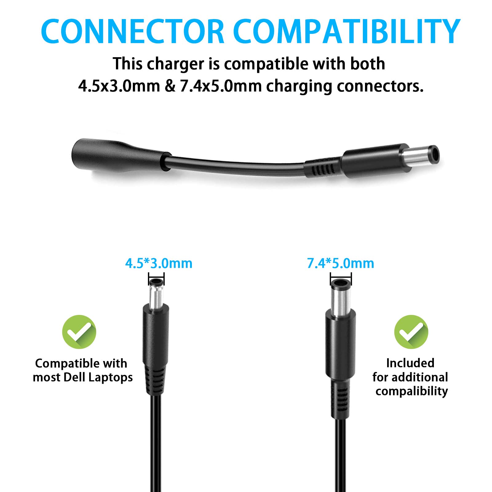Laptop Charger Cord for Dell Inspironn, 19.5V 3.34A 65W 60W 19.5V 2.31A 45W AC to DC Power Adapter with 7.4 * 5.0mm 4.5 * 3.0mm Charging Connectors.