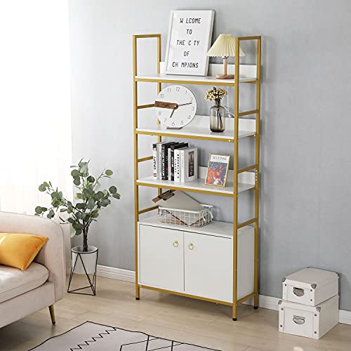 MELLCOM Golden Bookcase, 4 + 2 Tier Bookshelf with 2 Pull-Out Storage Cabinet Bohemian Style 71ββ Modern Bookshelves with 4 Adjustable Foot Pad Easy Assembled for Home, Office