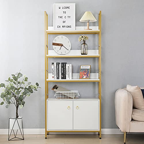 MELLCOM Golden Bookcase, 4 + 2 Tier Bookshelf with 2 Pull-Out Storage Cabinet Bohemian Style 71ββ Modern Bookshelves with 4 Adjustable Foot Pad Easy Assembled for Home, Office
