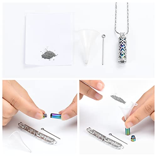 Cremation Urn Pendant Necklace with Hollow Cylinder Vial Keepsake Urn Cremation Jewelry Memorial Lockets for Ashes for Women Men (Silver Colorful)