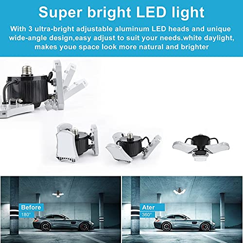 4-Pack LED Garage Lights, 80W LED Shop Light 5000K 6000LM Three-Leaf Garage Ceiling Light Fixtures,Adjustable Multi-Position Panels,E26 Base,LED Glow Light for Garage, Workshop Attic and Basement