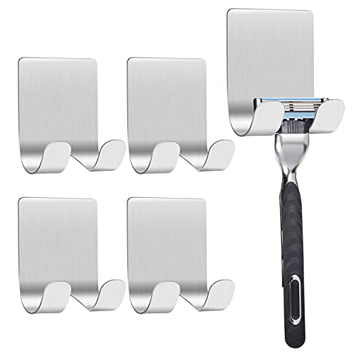 Razor Holder for Shower( 4 Pack), JEXCULL Stainless Steel Self Adhesive Shaver Hooks Hangers Holders Racks Organizers Heavy Duty Bathing Shower Hook for Bathroom, Toilet, Loofah(Silvery)