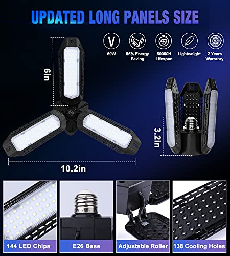 JZCreater LED Garage Lights 2 Pack 60W, Deformable Garage Light 3 Panels Adjustable Lights E26 8000LM LED Shop Light for Warehouse, Workshop, Basement, Attic