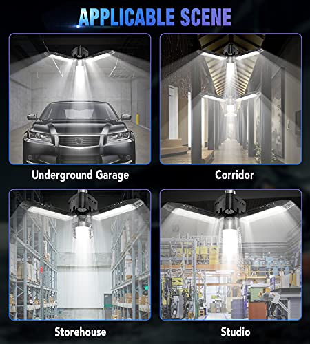 JZCreater LED Garage Lights 2 Pack 60W, Deformable Garage Light 3 Panels Adjustable Lights E26 8000LM LED Shop Light for Warehouse, Workshop, Basement, Attic