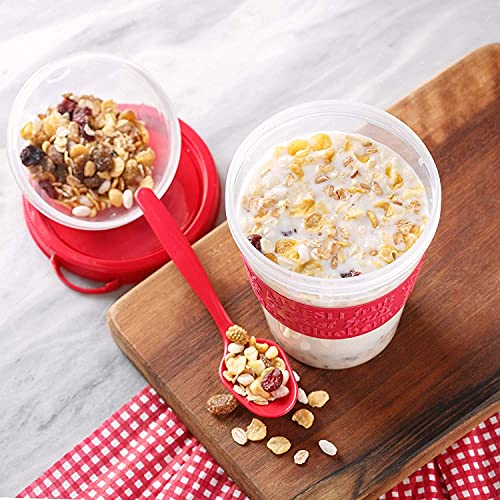 DGRS MARKET 4 Pack 20 oz Breakfast Cereal On the Go Cups with Spoon- Portable Take'n Go Yogurt and Cereal Container Cup with Top Lids- Take and Go Yogurt- Milk- Snack- Fruit Cup for Travel (4- Mix)